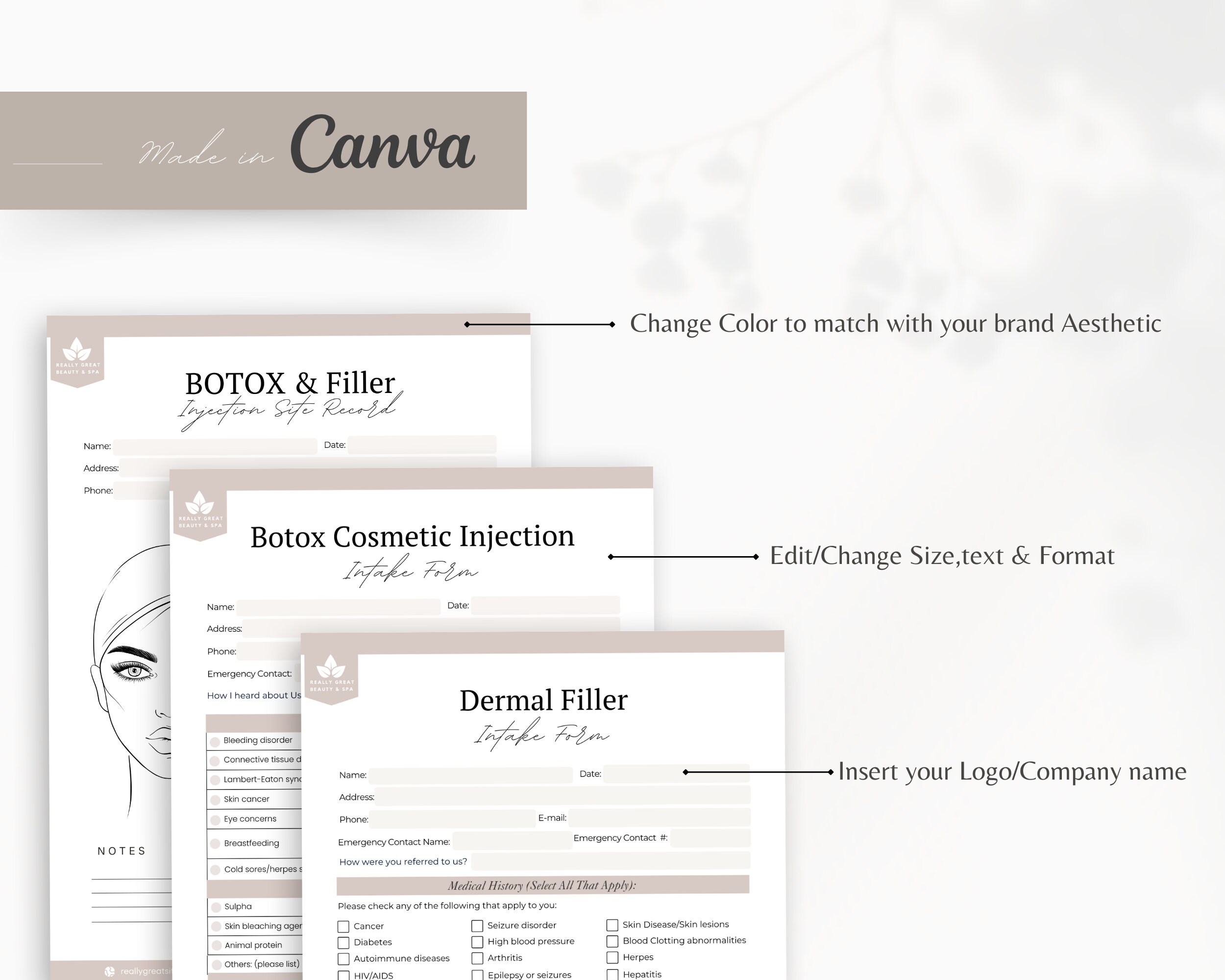 Editable Botox and Dermal Filler Forms, Medspa Templates (canva ...