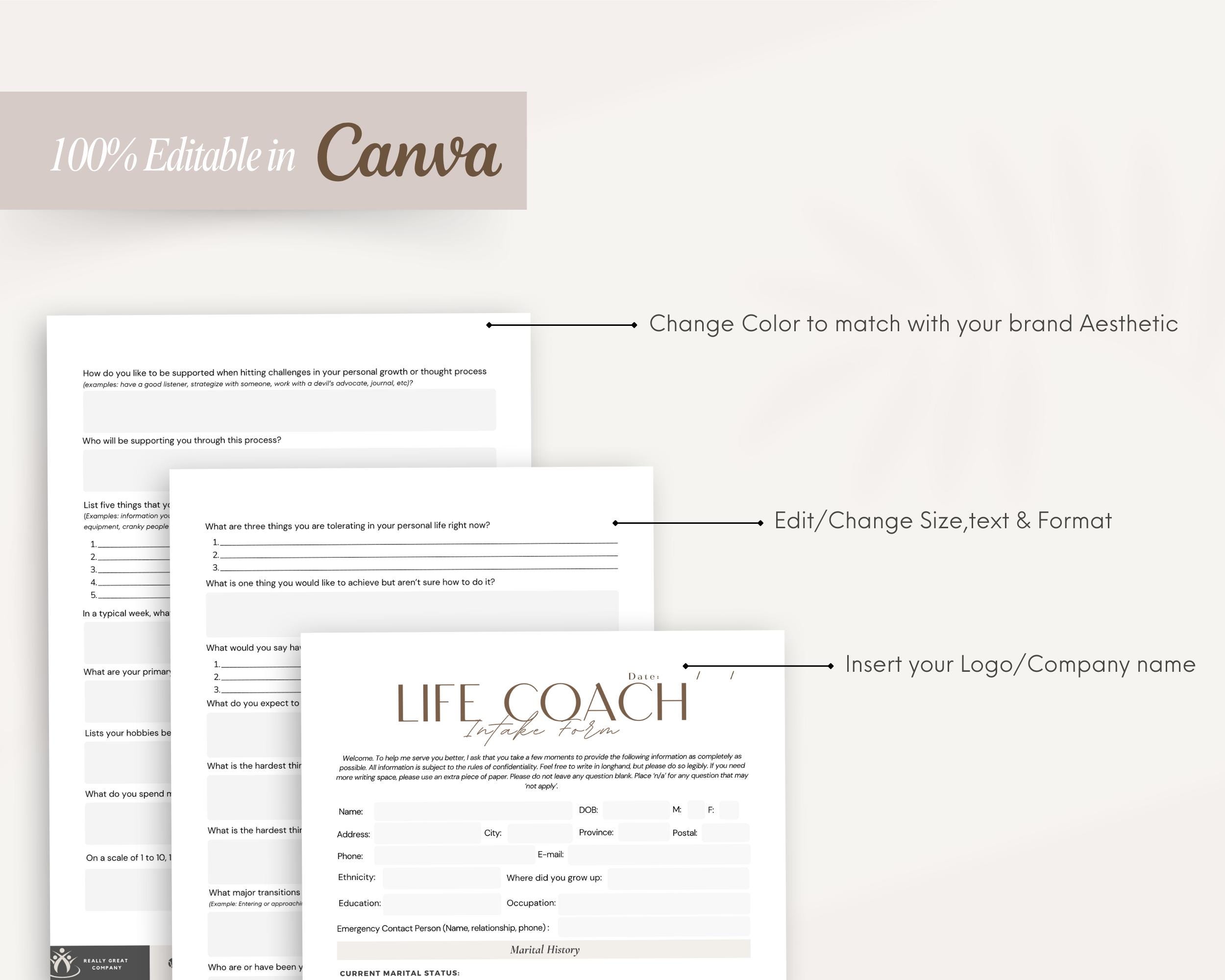 Editable Life Coach Forms Bundle, Client Intake, Consent (canva ...