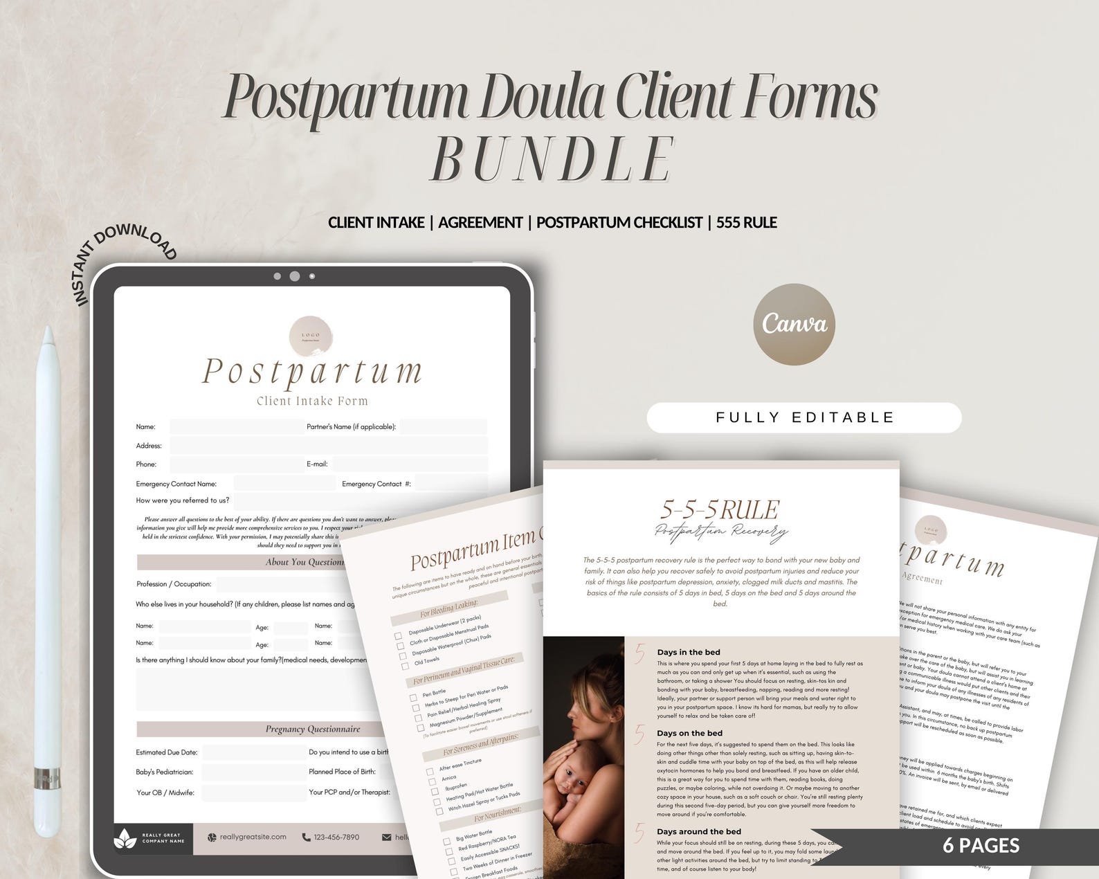 Editable Postpartum Doula Client Forms, Intake Agreement (canva ...