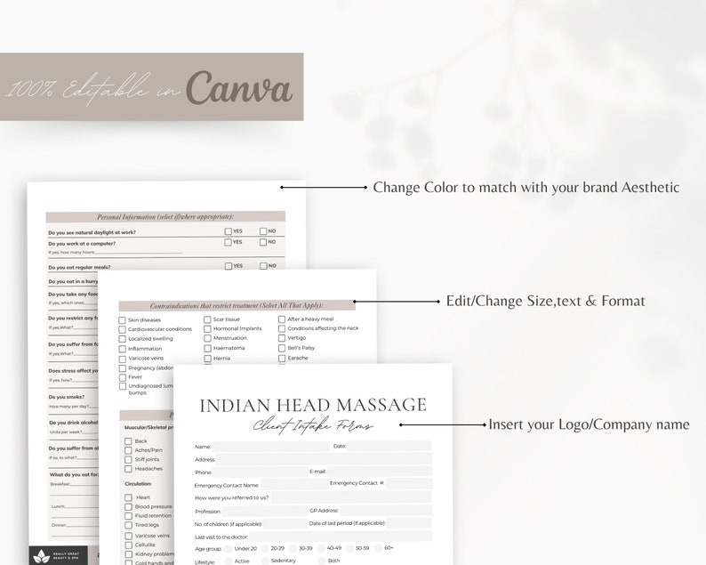 Indian Head Massage Client Forms Bundle (editable Canva Template) - Etsy