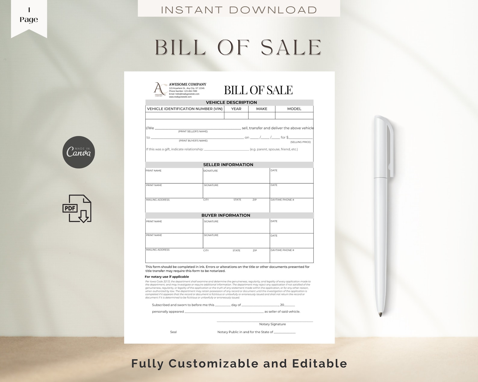 Editable Bill of Sale,bill of Sale Template, Bill of Sale Form, Bill of ...