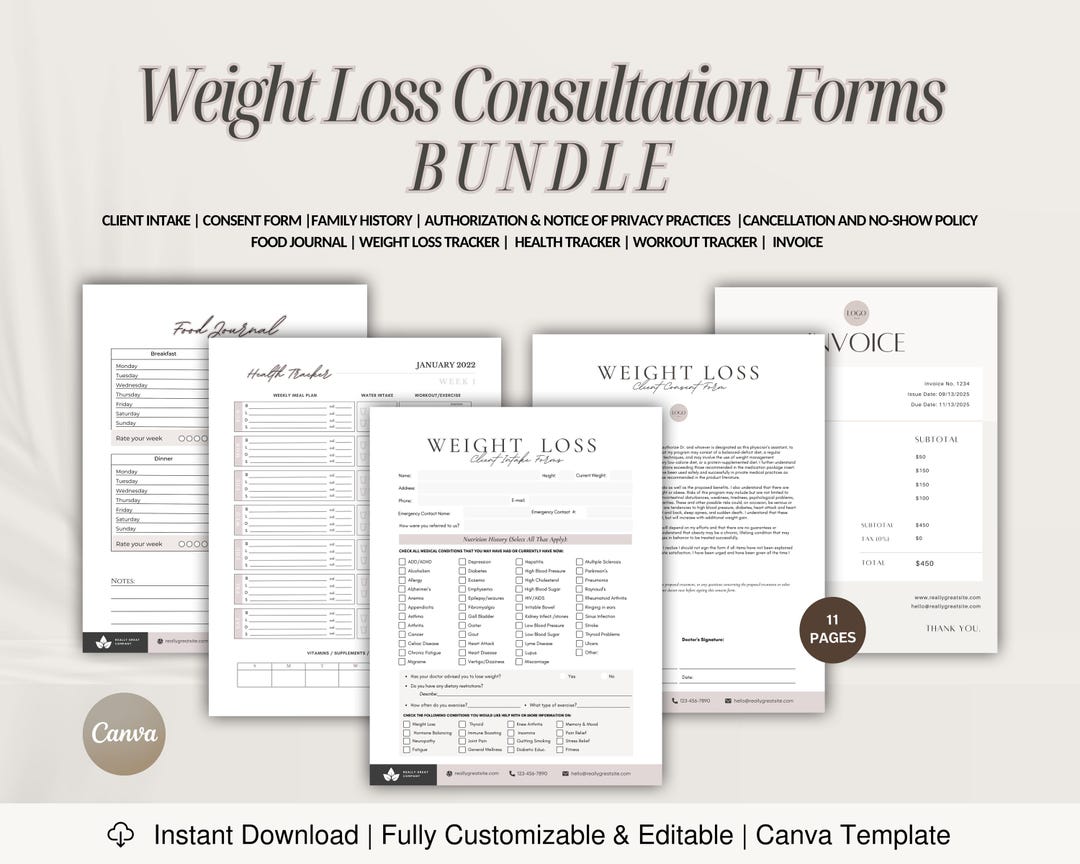Weight Loss Consultation Forms Bundle, Editable Client Intake (canva ...