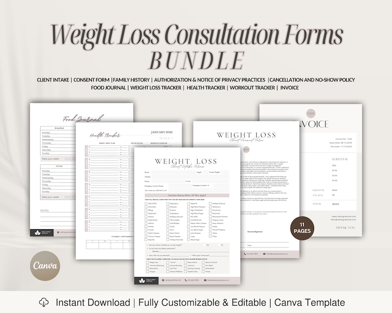 Weight Loss Consultation Forms Bundle, Editable Client Intake (canva ...