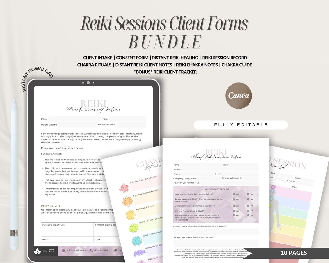 Reiki Session Forms Bundle, Client Intake, Consent (canva Editable ...