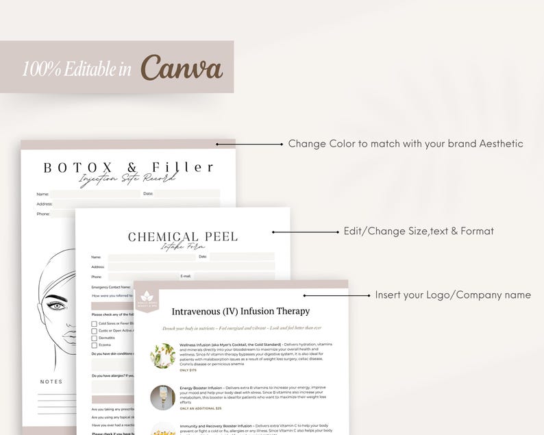 Editable Med Spa Forms Bundle, Aesthetician Templates (canva) - Etsy