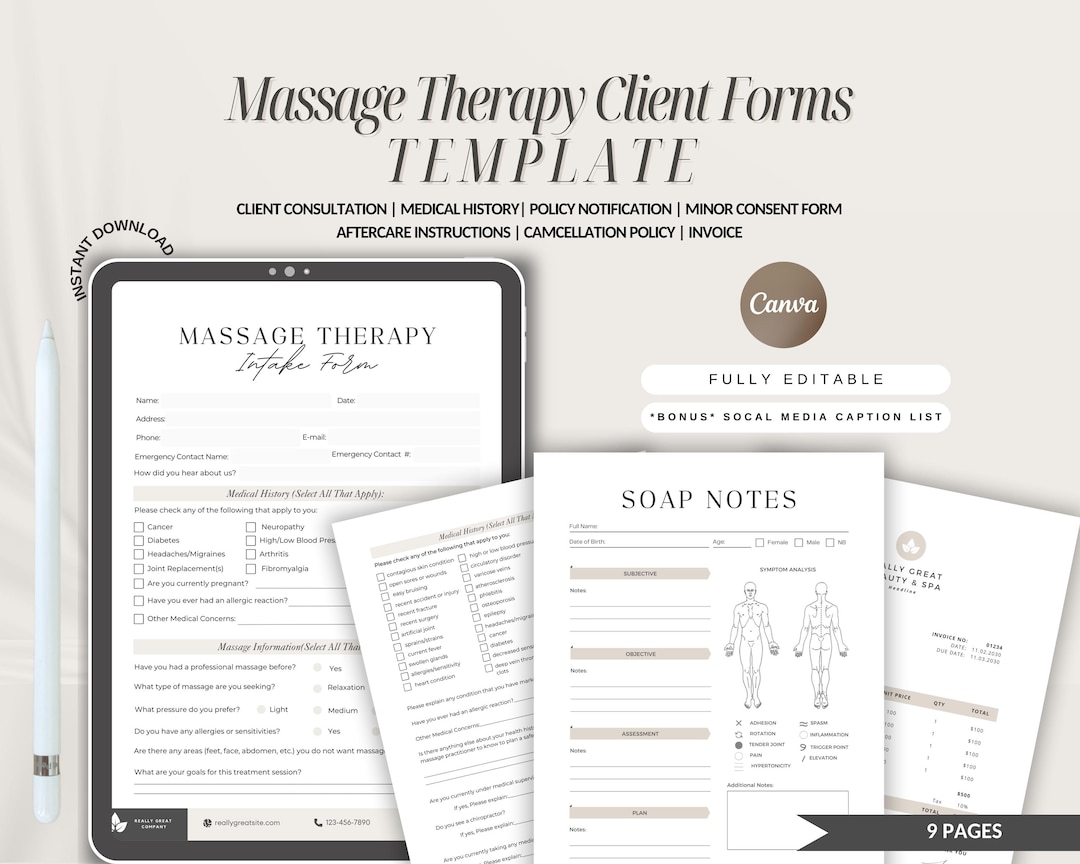 Massage Therapy Consultation Forms Bundle,editable Massage Consent Form ...