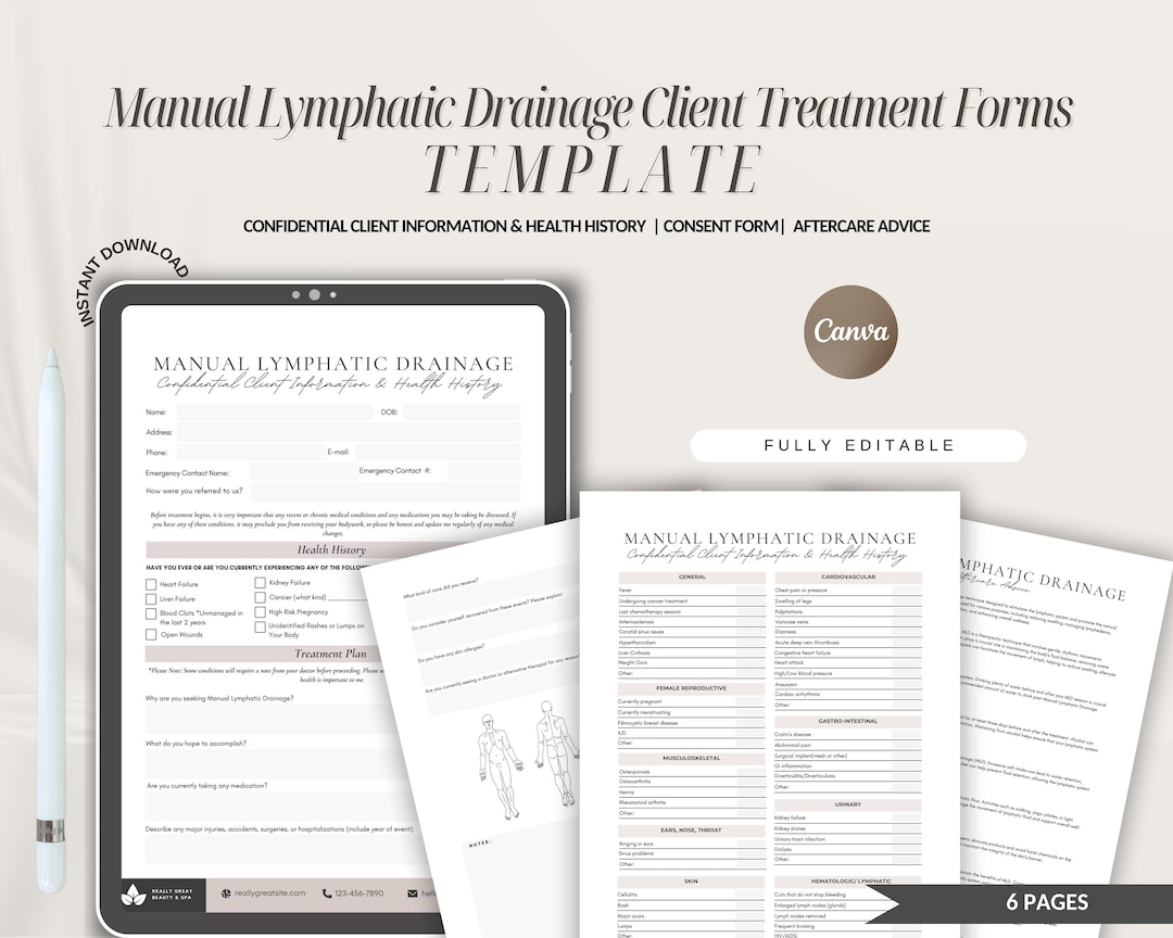 Manual Lymphatic Drainage Form Template,editable Massage Therapist ...