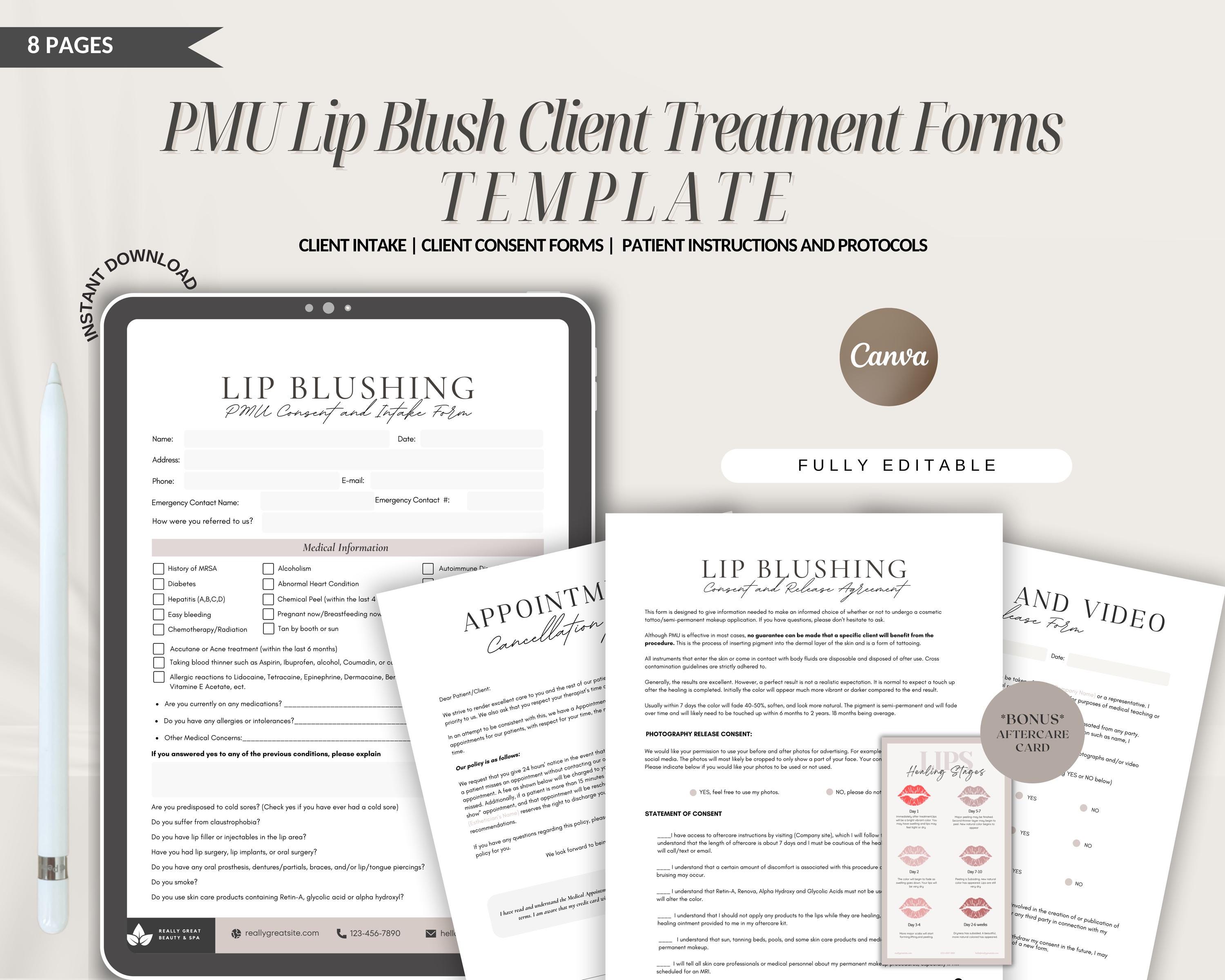 Editable Lip Blush Client Forms, PMU Consent Template (canva) - Etsy Canada