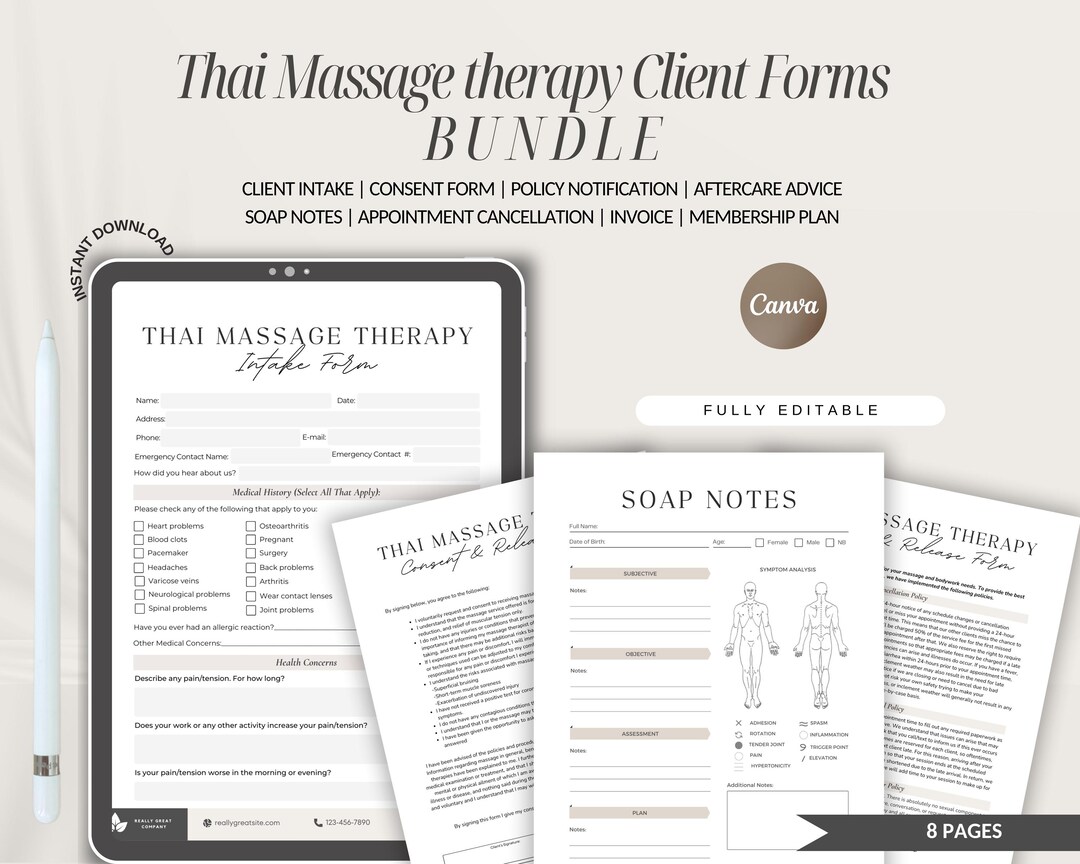Thai Massage Consultation Forms Bundle, Editable Therapy Forms (canva ...