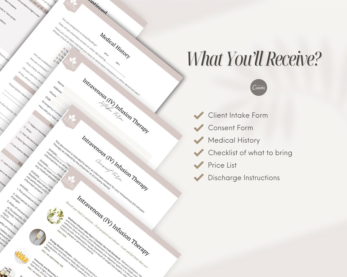 IV Hydration Therapy Forms Bundle: Client Consultation CANVA Template ...