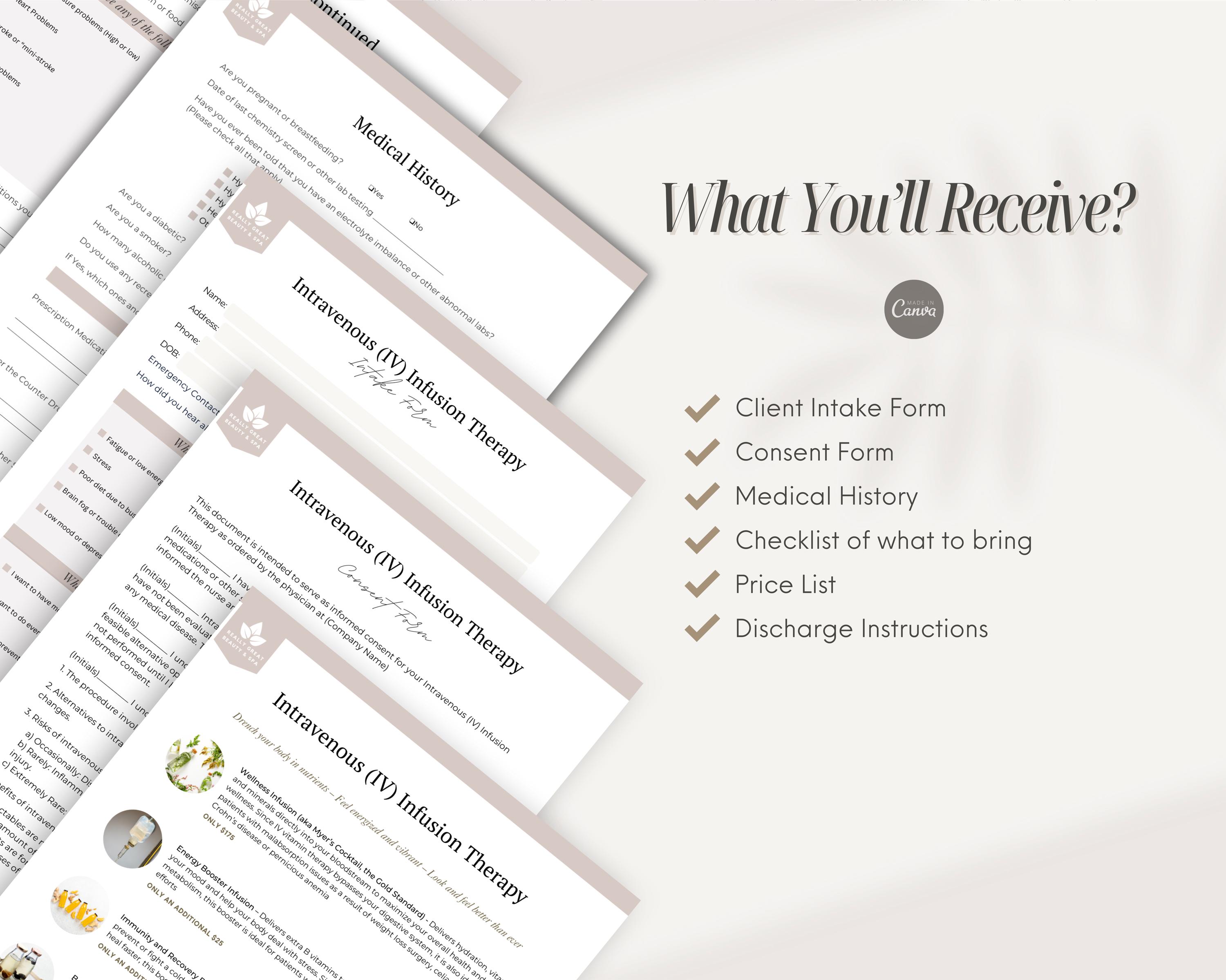 IV Hydration Therapy Forms Bundle: Client Consultation CANVA Template ...
