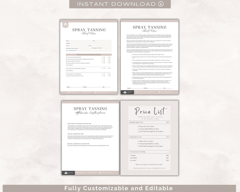 Editable Spray Tanning Consultation and Aftercare Forms,spray Tanning ...