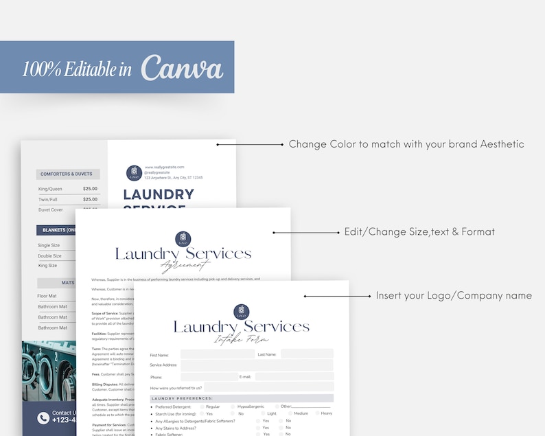 Laundry Services Business Forms Bundle, Editable Templates (canva) - Etsy
