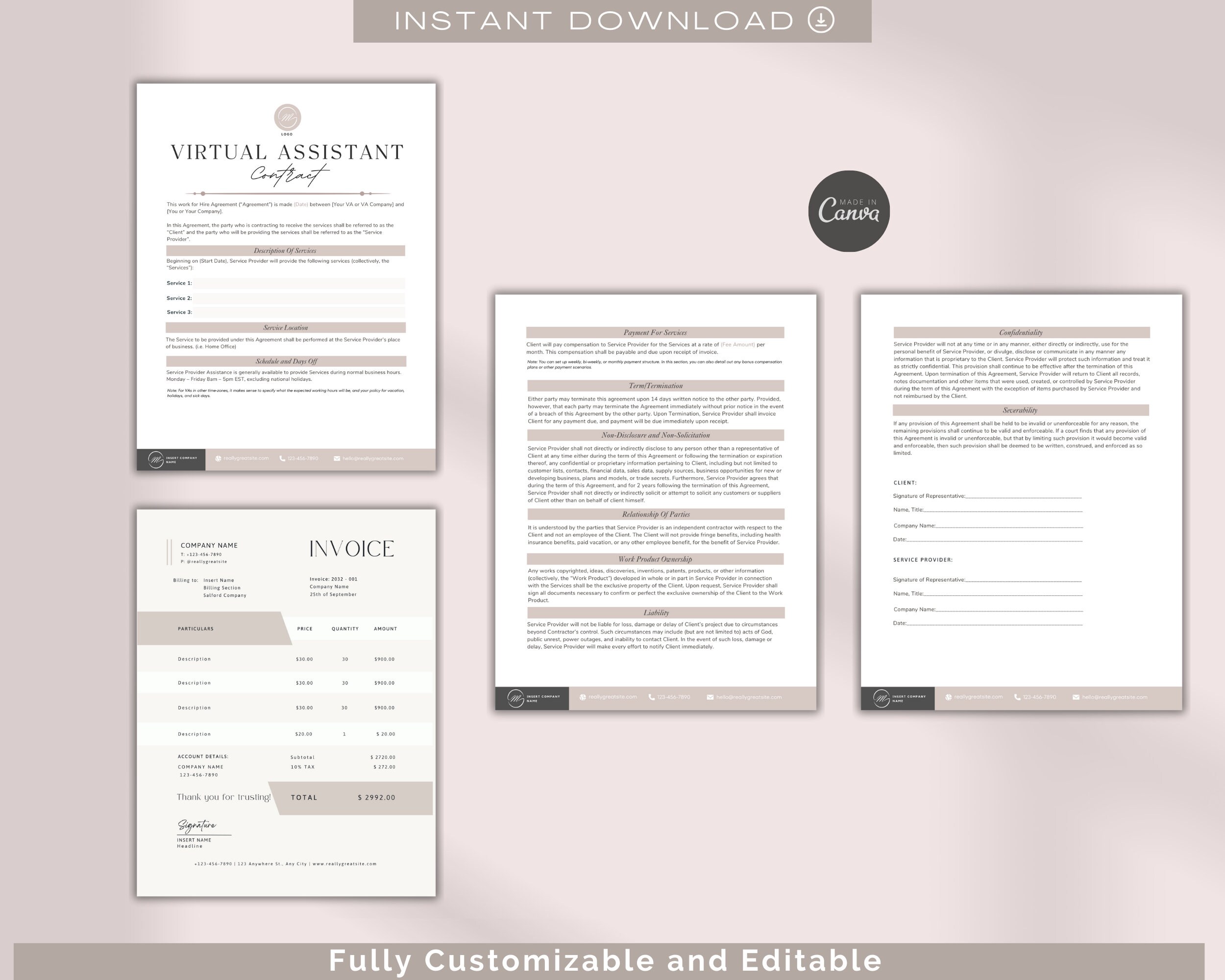 Virtual Assistant Contract Forms, Editable Templates (canva, Instant ...