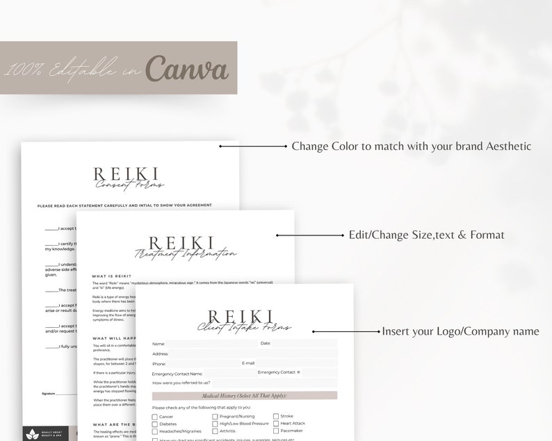 Editable Reiki Client Forms, Intake and Consent (canva Template) - Etsy