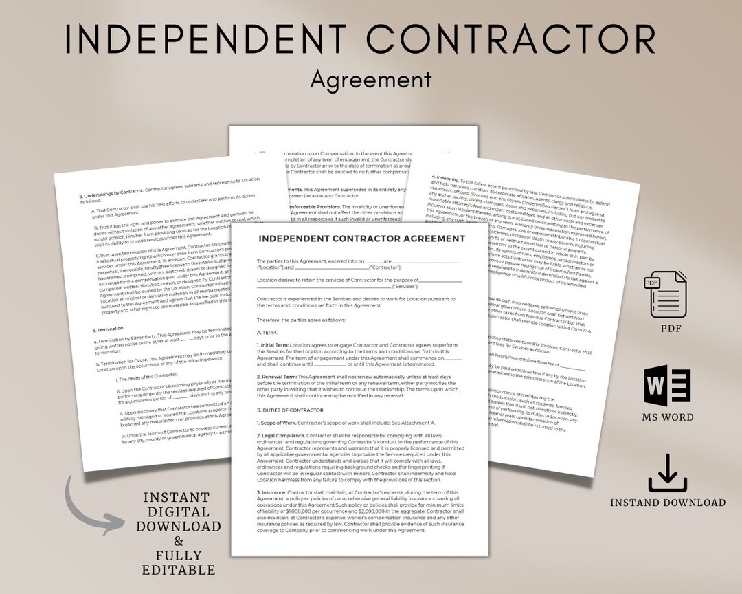 Independent Contractor Agreement Template, Editable Contract (PDF, MS ...