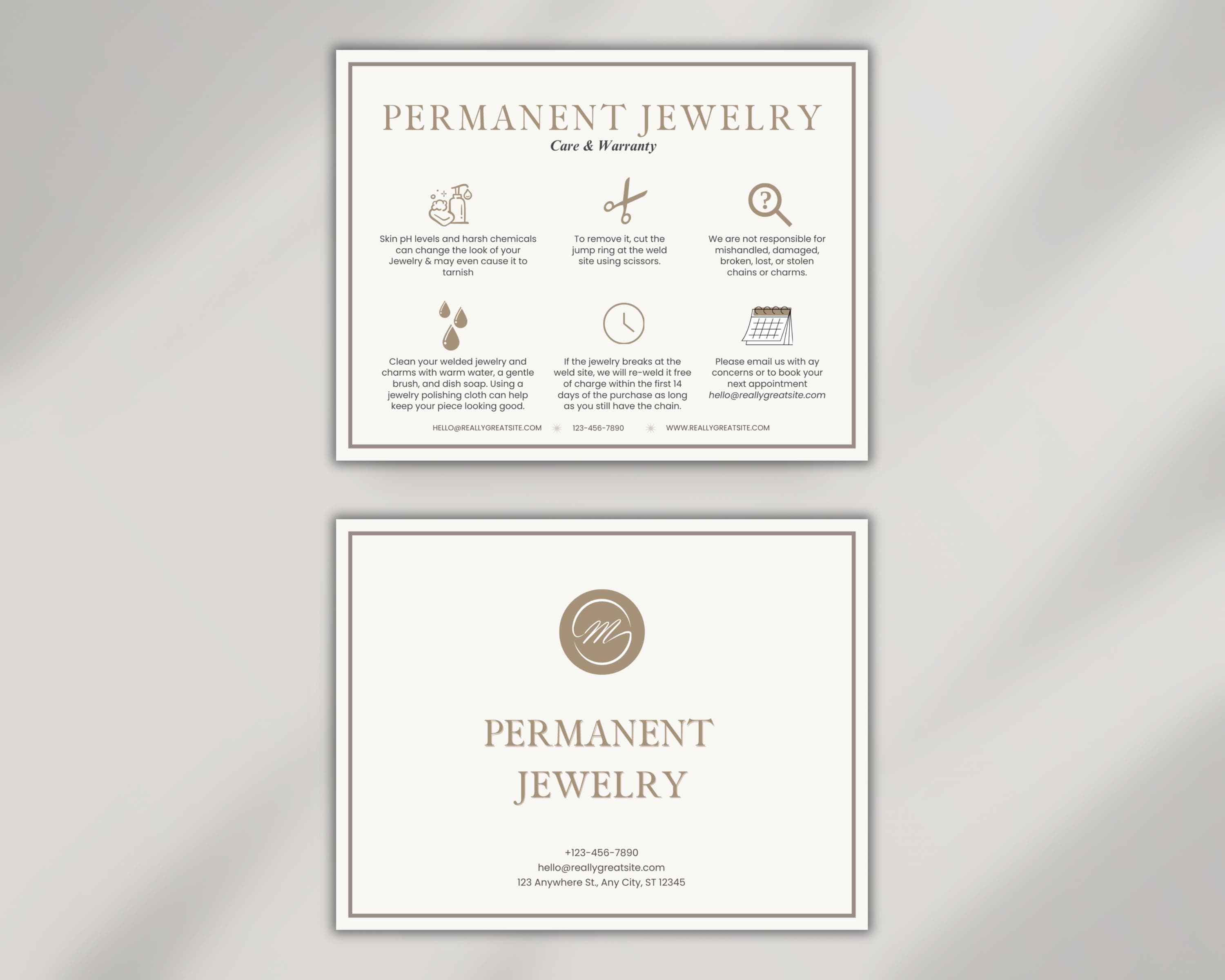 Permanent Jewelry Care Card Template, Editable Warranty Instructions ...
