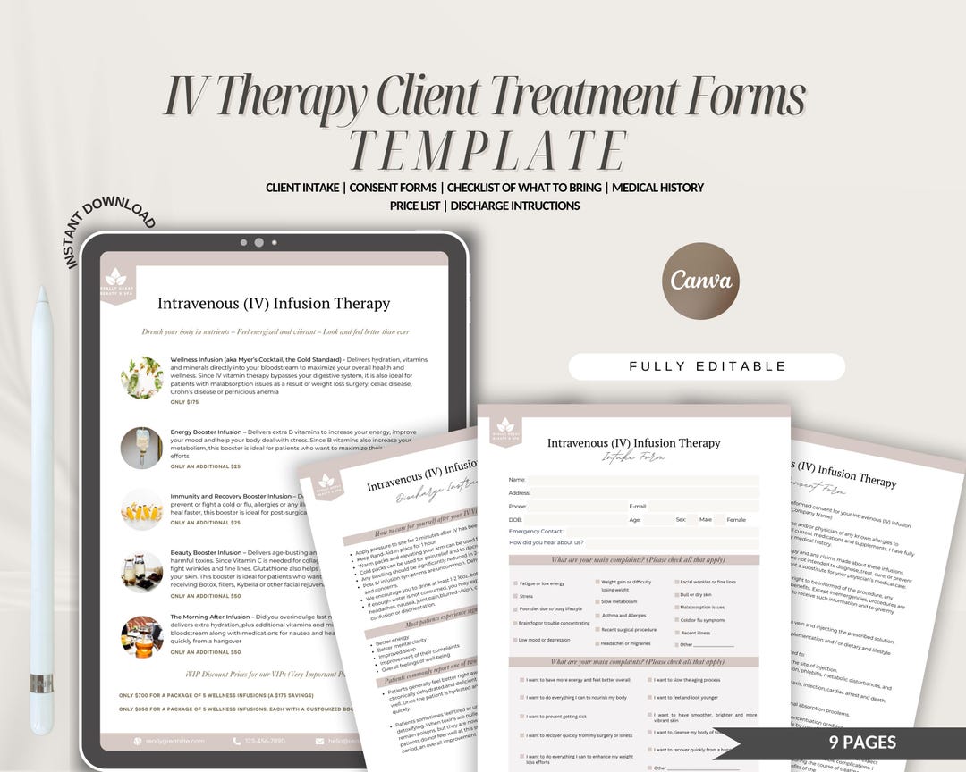 IV Hydration Therapy Forms Bundle: Client Consultation CANVA Template ...