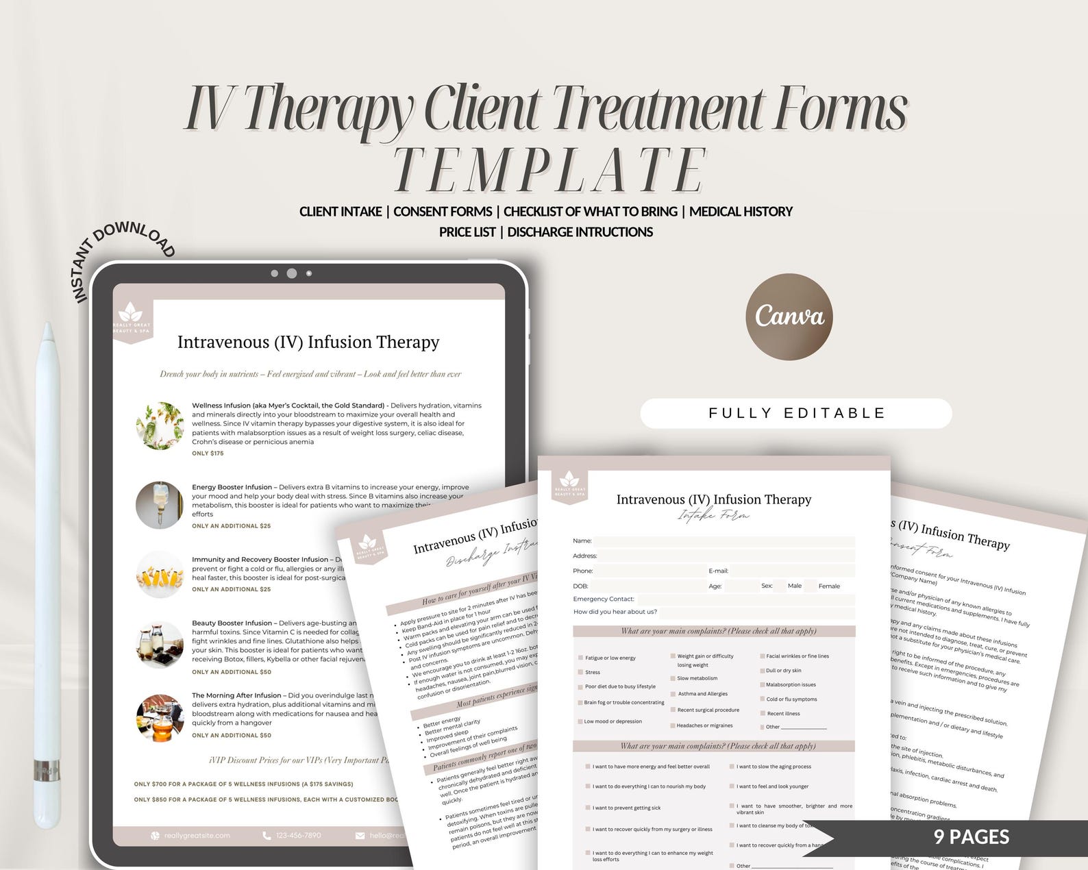 IV Hydration Therapy Forms Bundle: Client Consultation CANVA Template ...