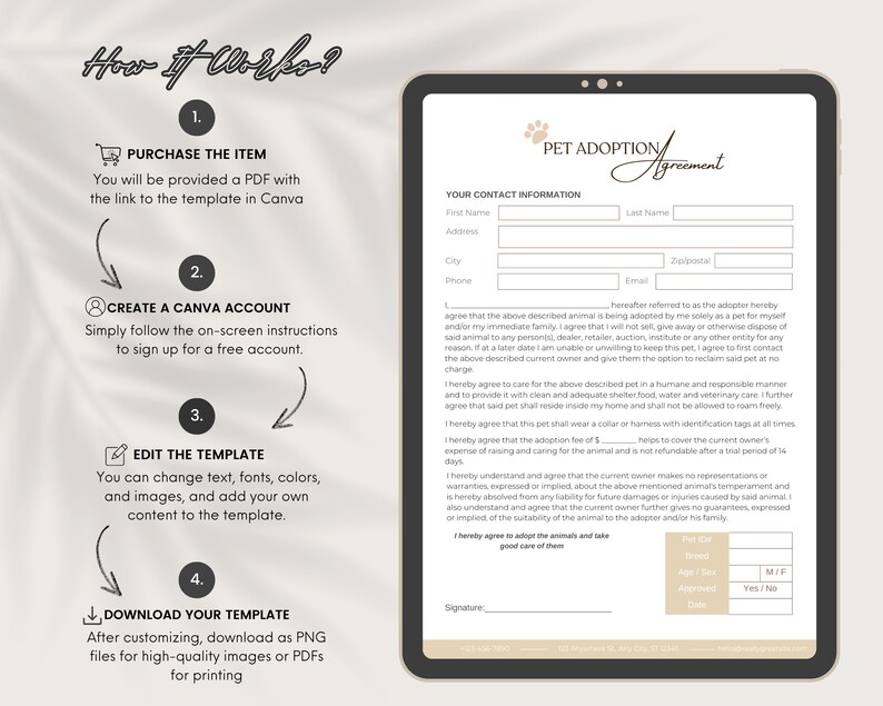 Customizable Pet Adoption Agreement Form for Dogs, Cats, and Other Animals - Etsy