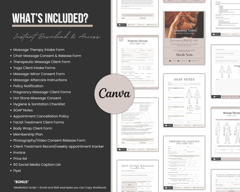 Editable Massage Therapy Forms Bundle, Spa Business Templates (canva ...