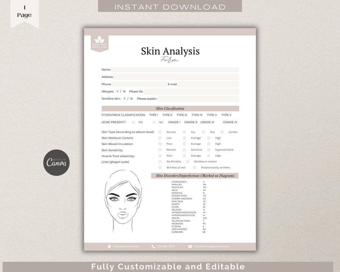 Skin Analysis Form,editable Facial Skin Analysis Form,face Mapping ...
