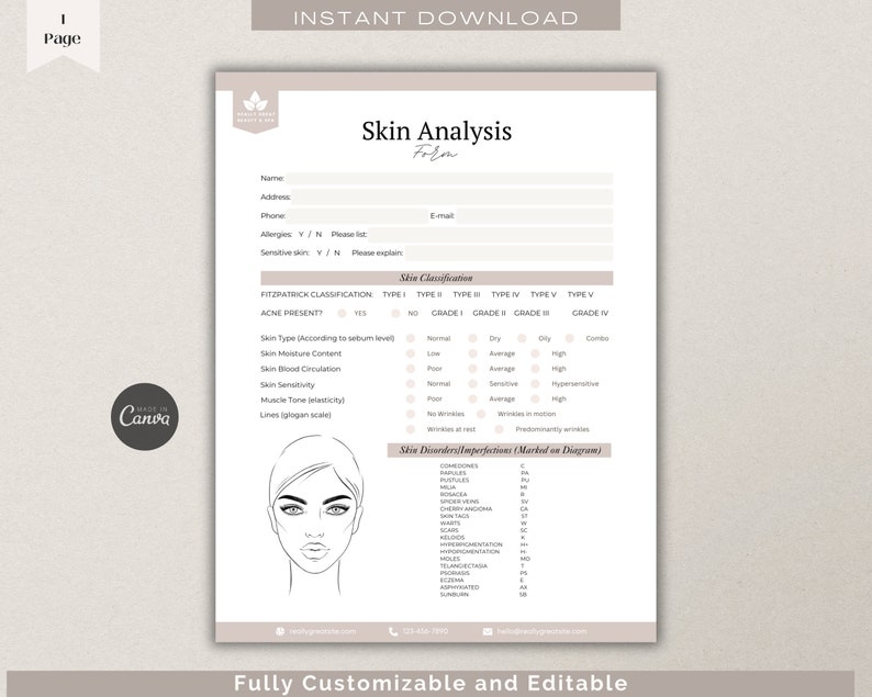 Skin Analysis Form,editable Facial Skin Analysis Form,face Mapping ...