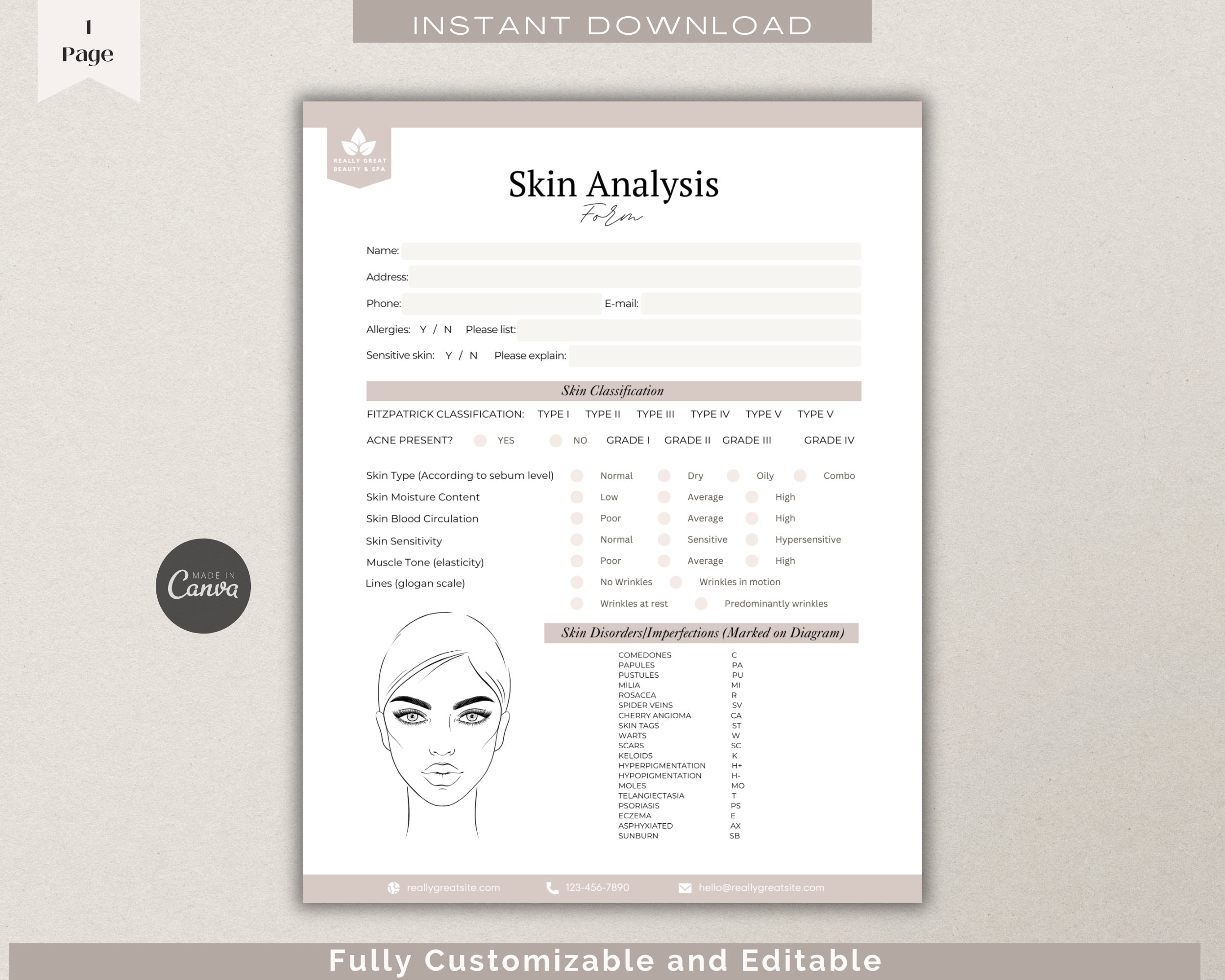Skin Analysis Form,editable Facial Skin Analysis Form,face Mapping ...
