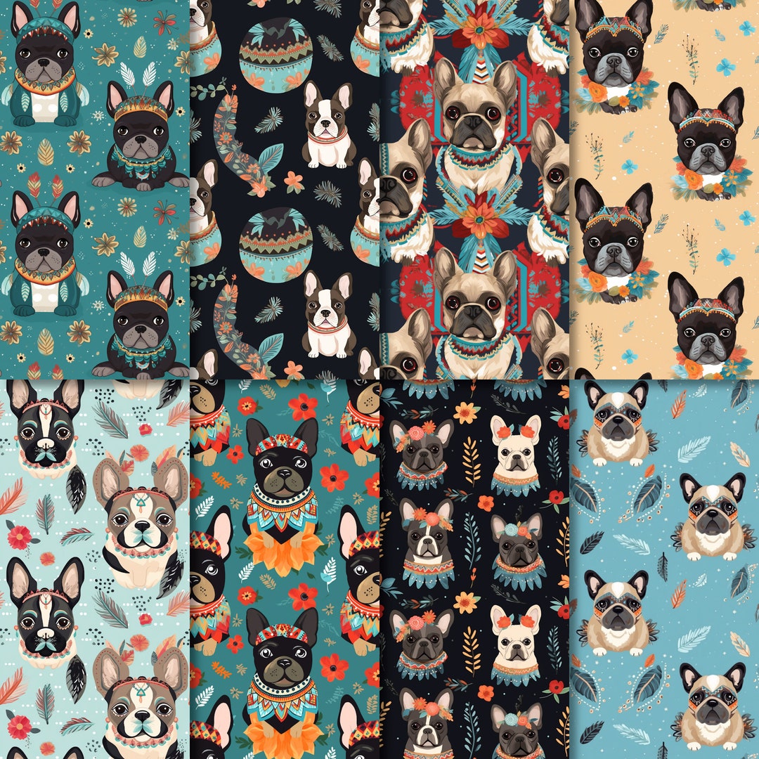 French Bulldog Boho Bliss: 10 Irresistibly Cute Seamless Patterns - Etsy