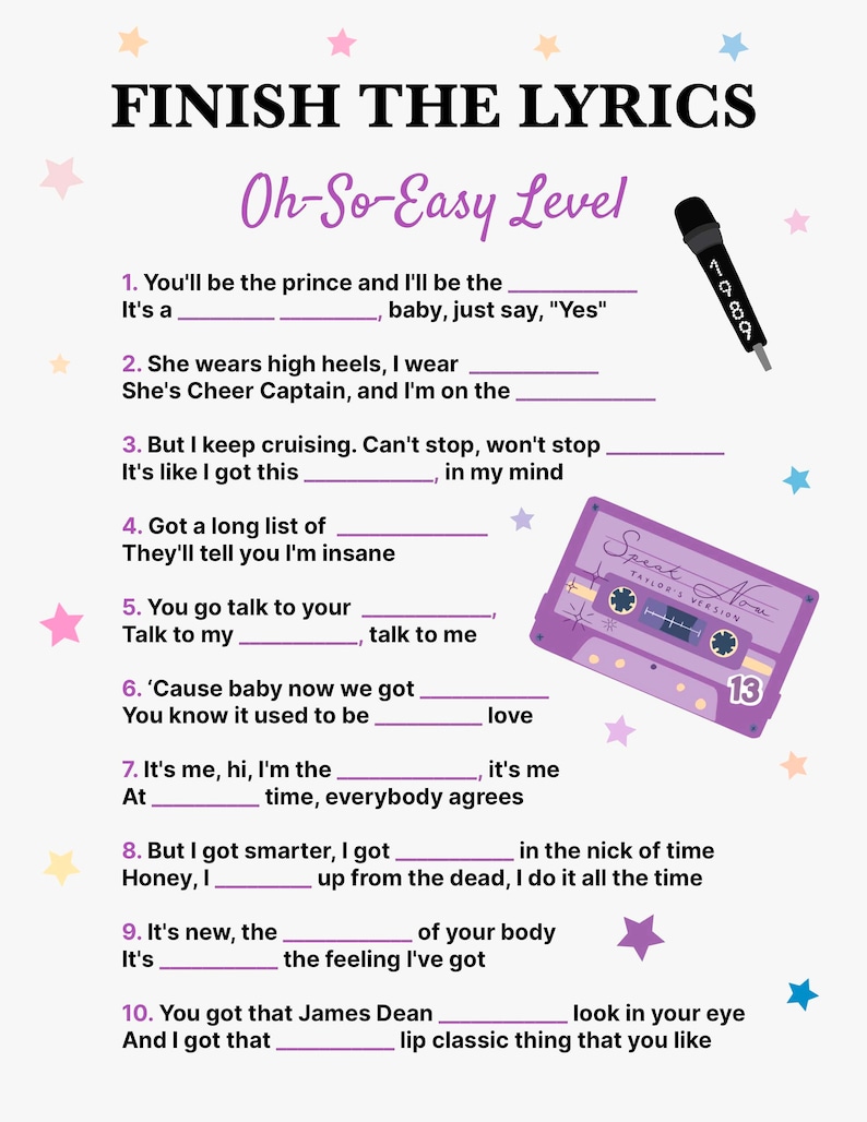 Taylor Swift Finish the Lyrics Game 3 Levels - Etsy