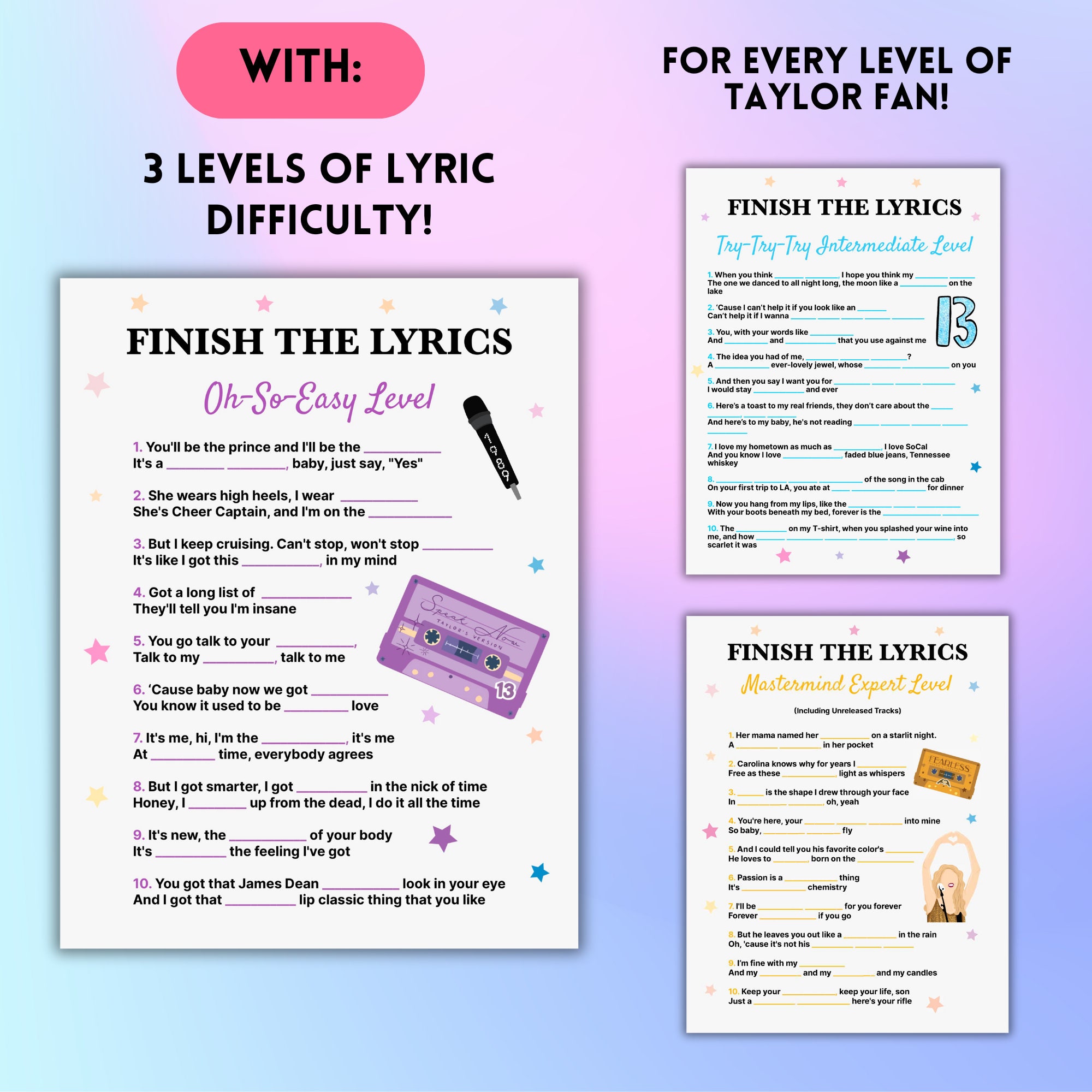 Taylor Finish the Lyrics Game – 3 Levels - Etsy