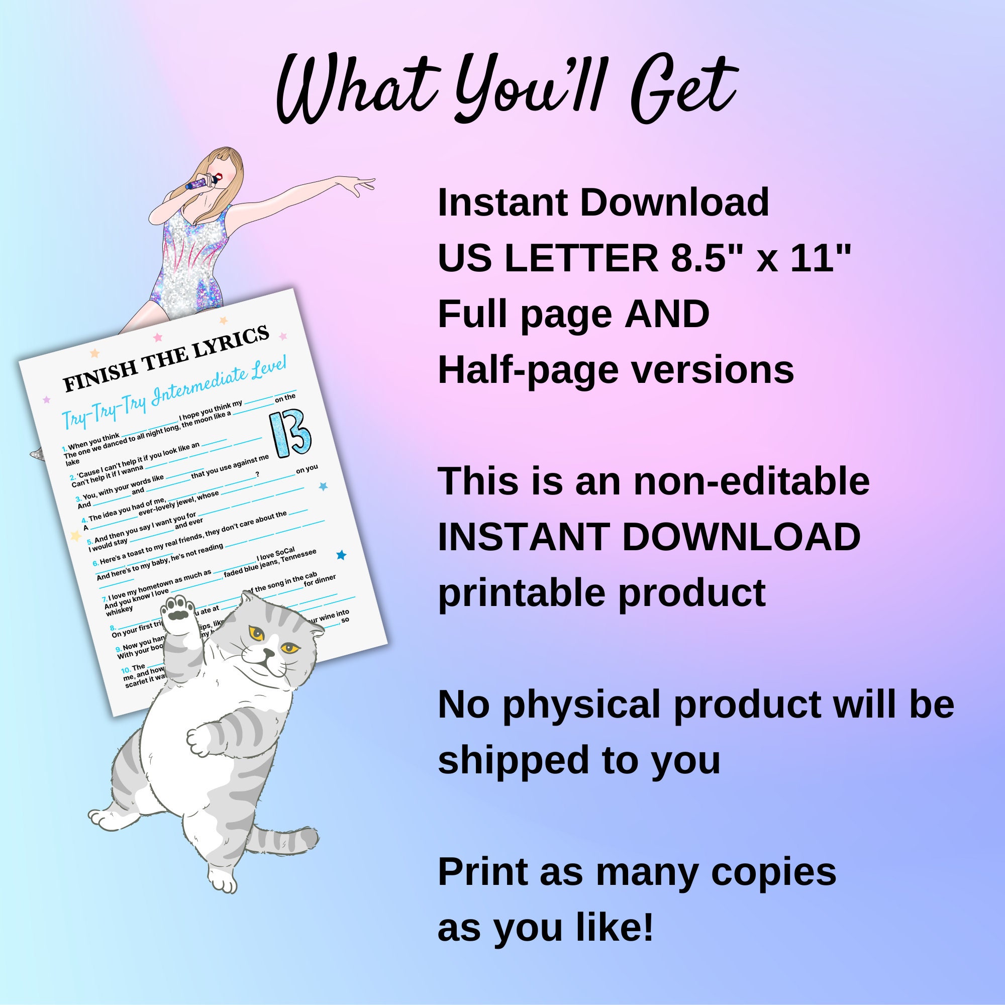 Taylor Swift Finish the Lyrics Game 3 Levels - Etsy