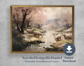 Spring Landscape Painting / Sheep Pasture Painting / Spring Blossom ...