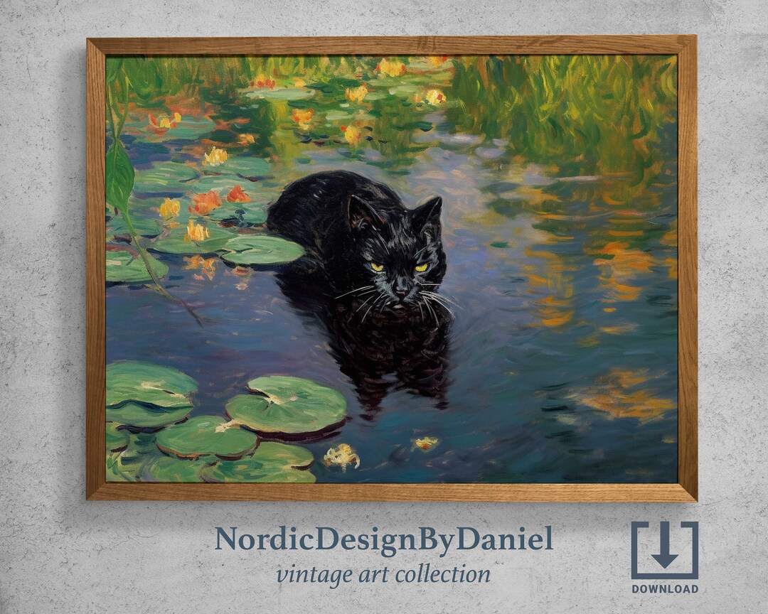 Monet Waterlily Cat Print Claude Monet Cat Poster Floral Print Black ...