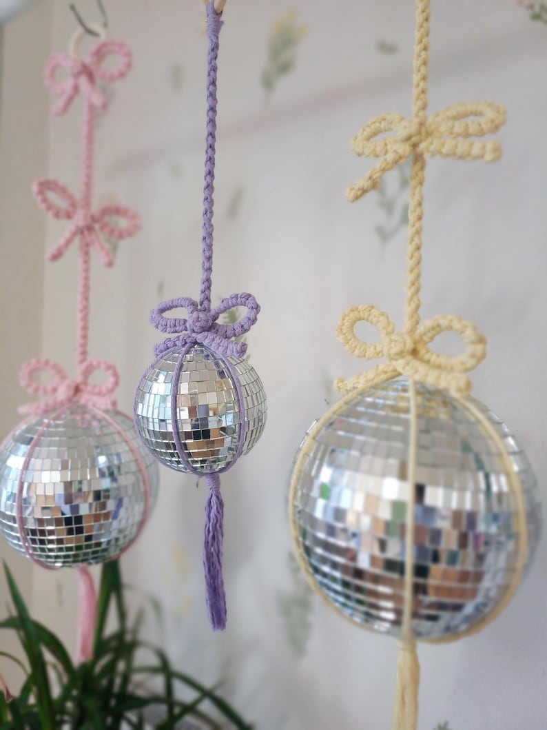 Disco Mirror Ball With Bow Macrame Disco Ball Hanger Disco Decoration ...