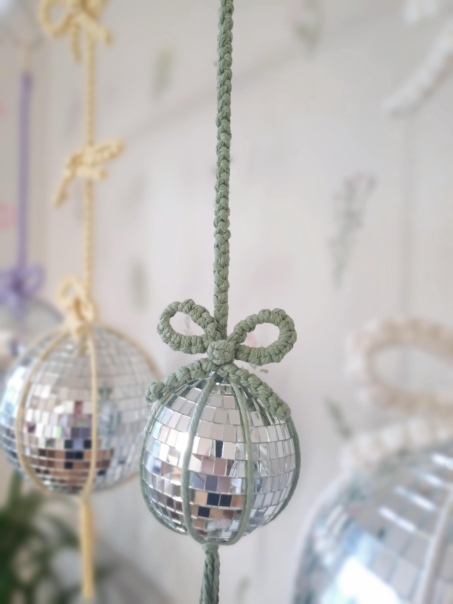 Disco Mirror Ball With Bow Macrame Disco Ball Hanger Disco Decoration ...