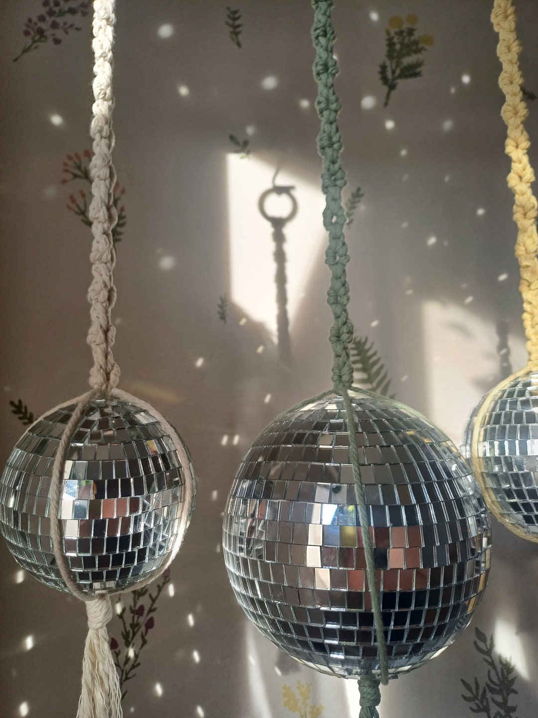 Macrame Disco Ball Hanger: Mirror Tile Decor, Recycled Cotton - Etsy