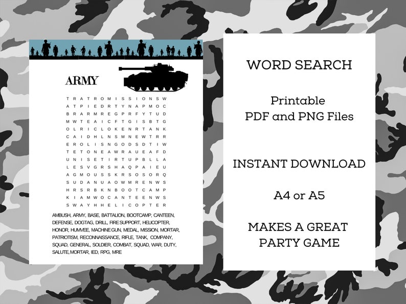 ARMY WORD SEARCH Game, Printable Party Game, Men's Game, Teen's ...