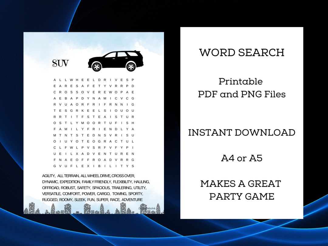 SUV CAR WORD Search Game Printable Party Game Men's - Etsy