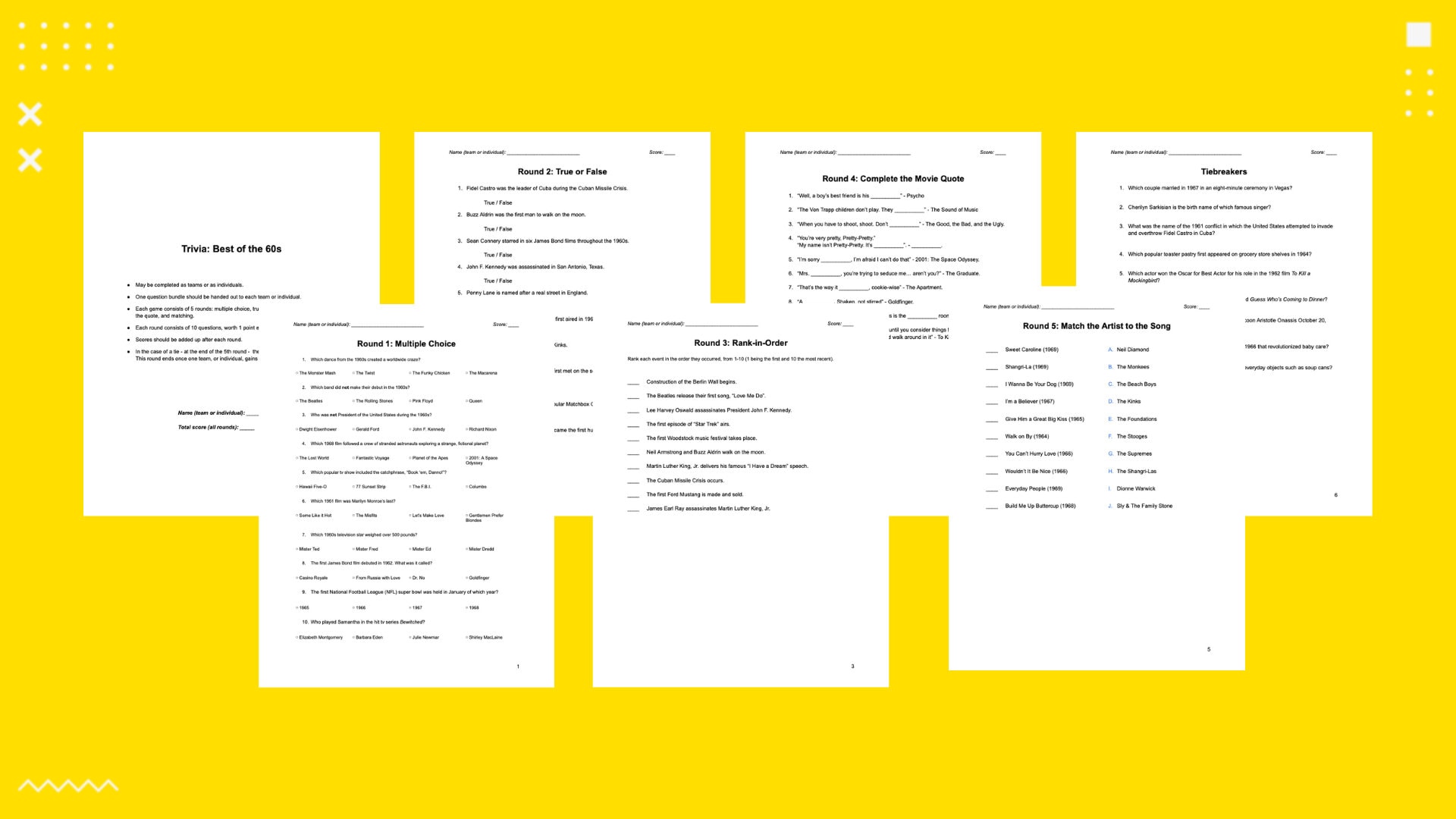 Best of the 60s | Printable Trivia Set - Etsy