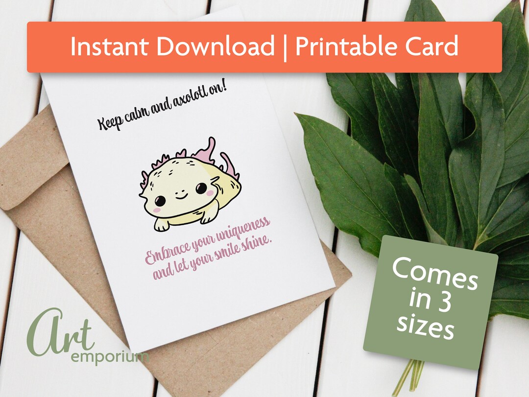 Kawaii Axolotl Greeting Card Instant Download, Digital Greeting Card ...