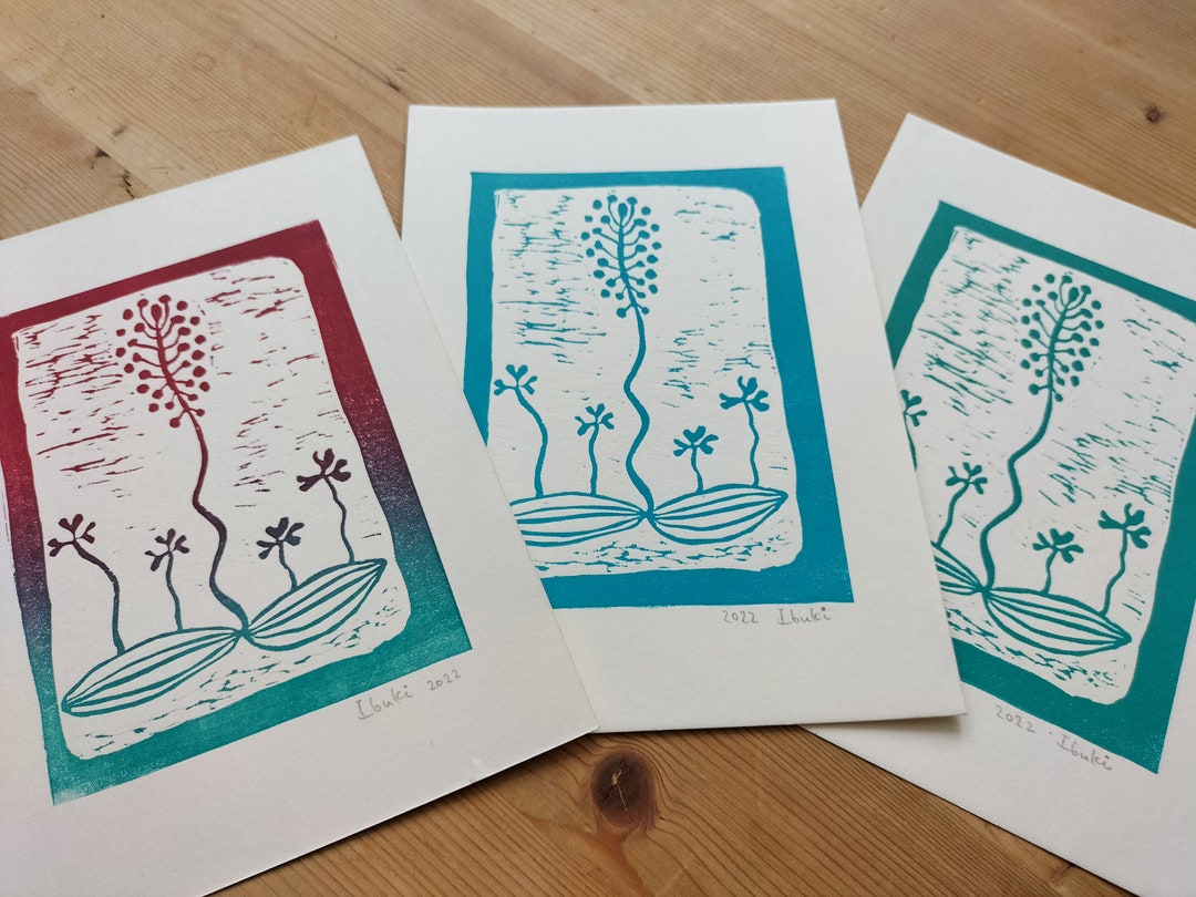 Wild Flowers/ Linoleum Print/ Linocut Print/ Gradation/ Sky Blue ...