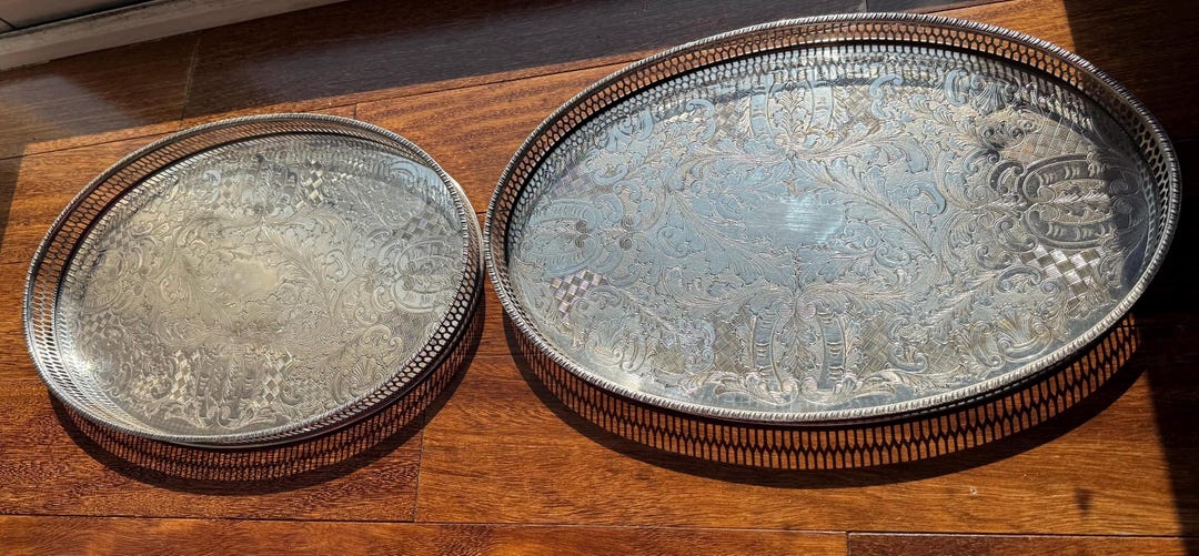 Set of Two Engraved Silverplate Oval Butlers Tray, Decorative Serving ...