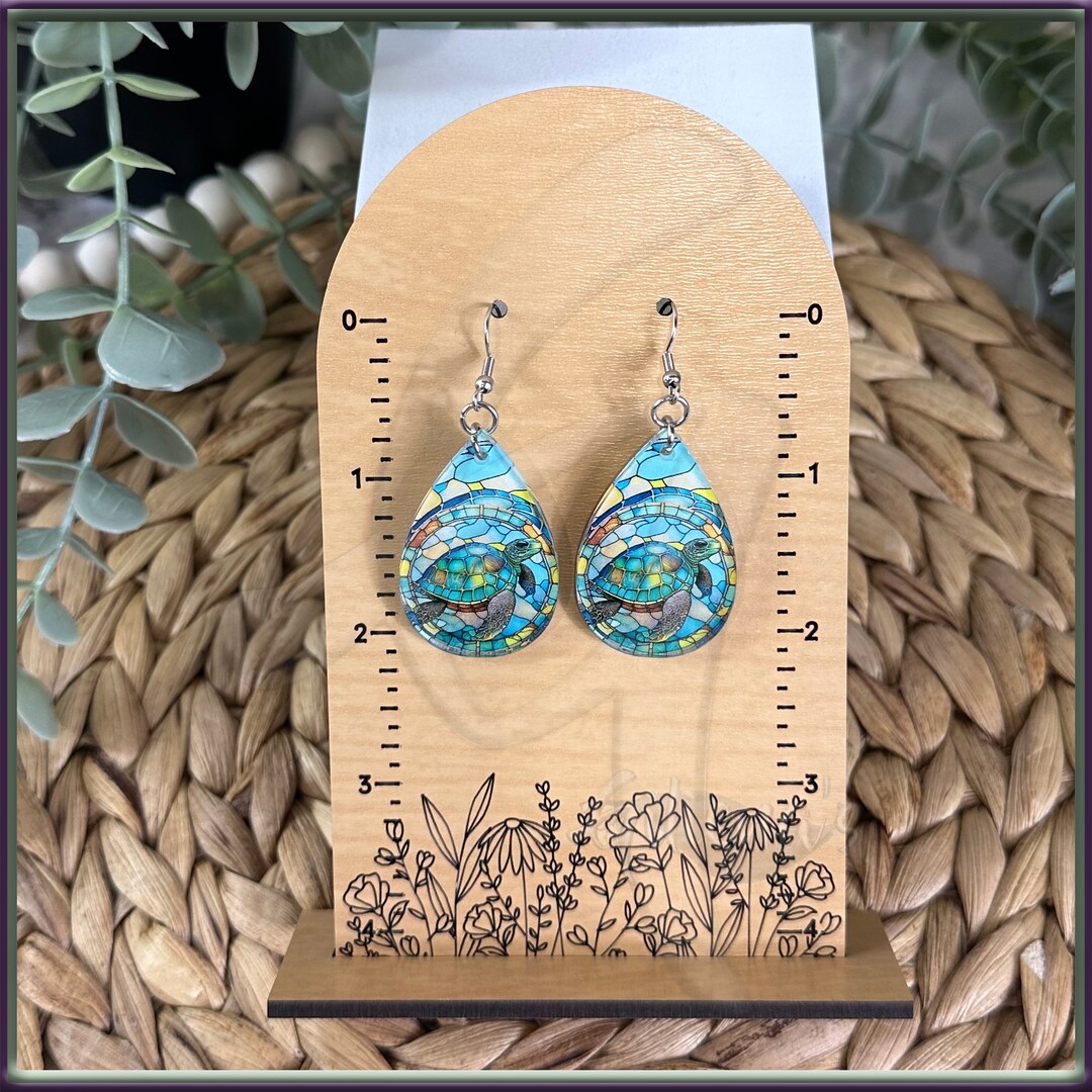 Sea Turtle Teardrop Acrylic Dangle Earrings Stained Glass Design - Etsy