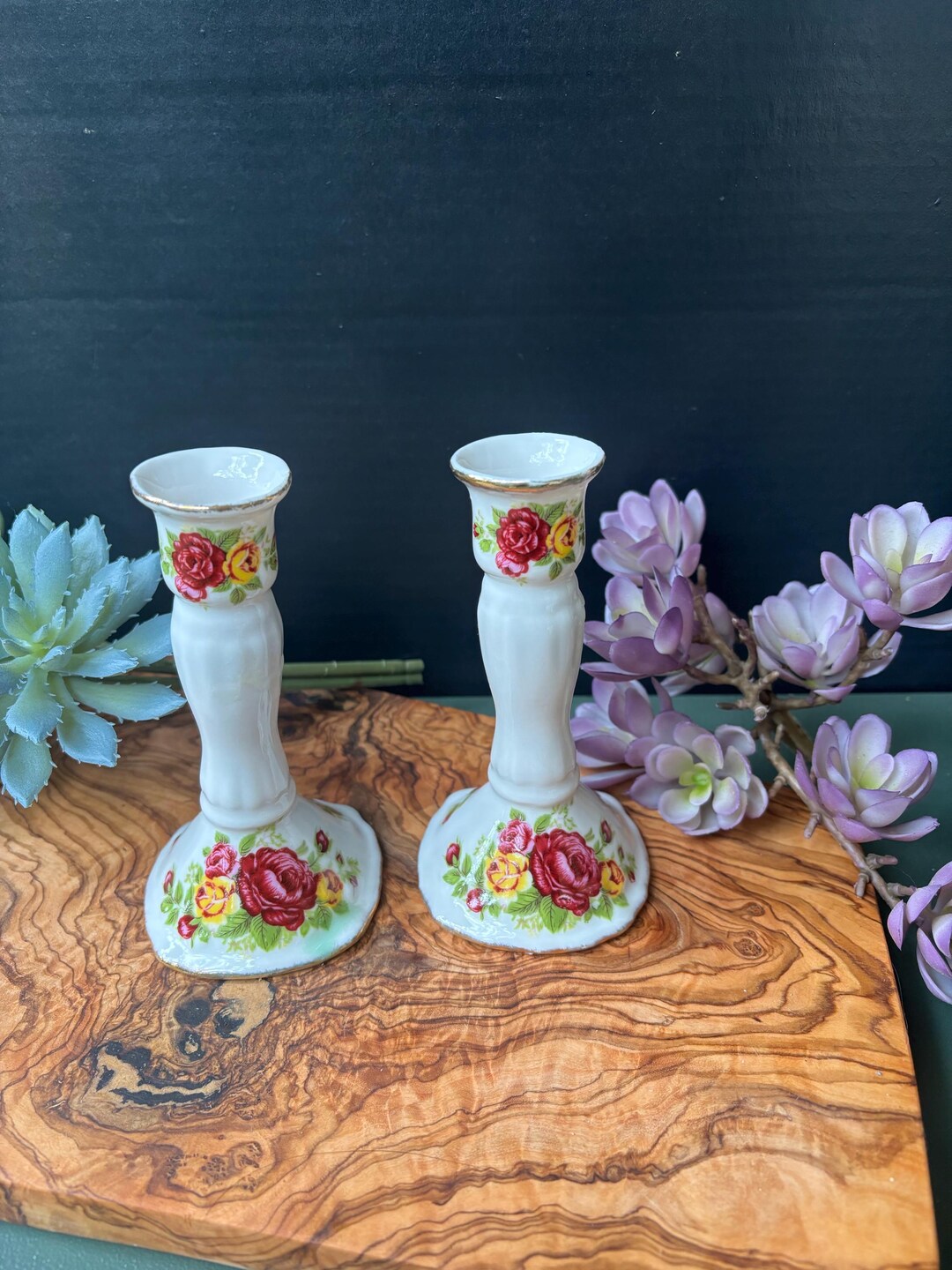 Vintage Pair of Floral Cottage Rose Fine Bone China Candlesticks - Etsy