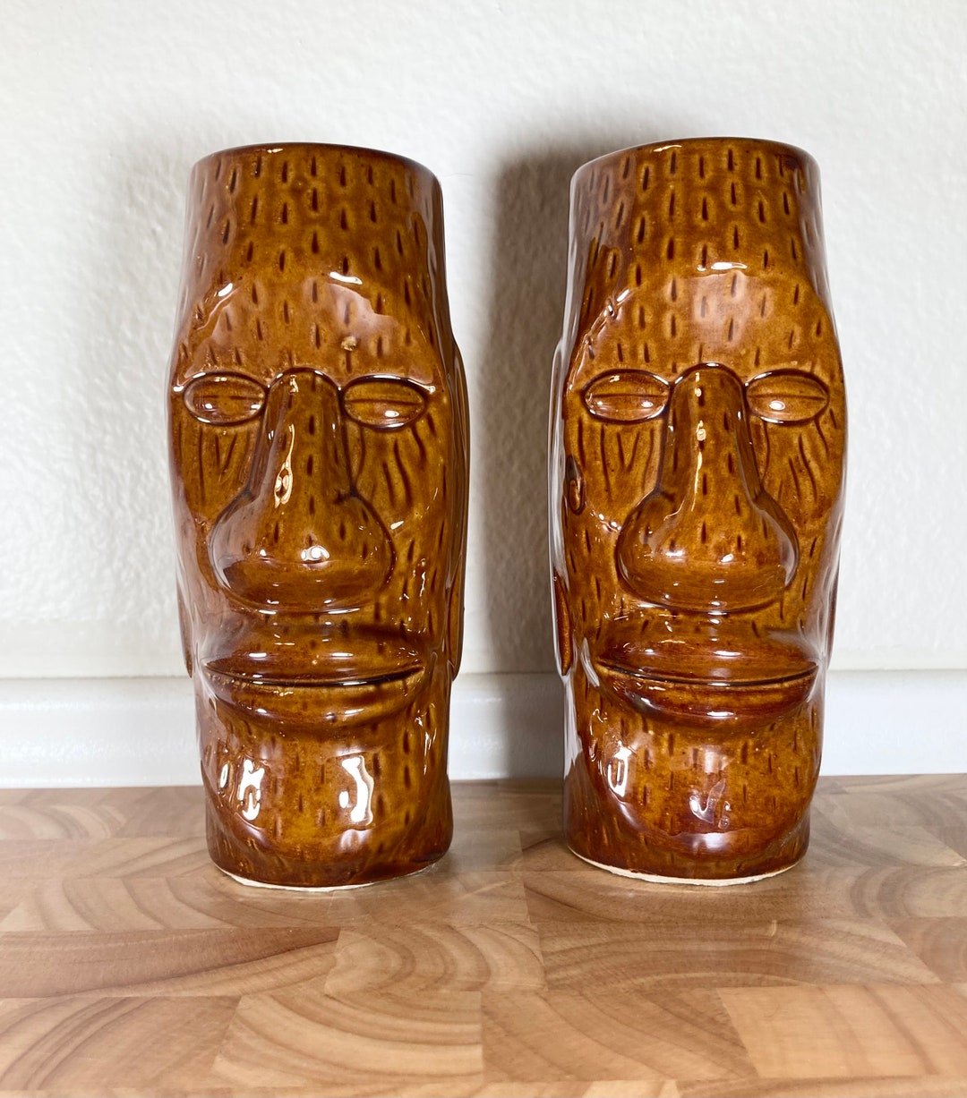 Vintage Pair of Mid Century Ceramic Tiki Face Tall Mug Vases - Etsy