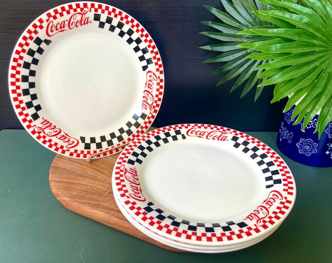 Vintage Set of 4 Gibson Coca Cola Checkered Black and Red Dinner Plates ...