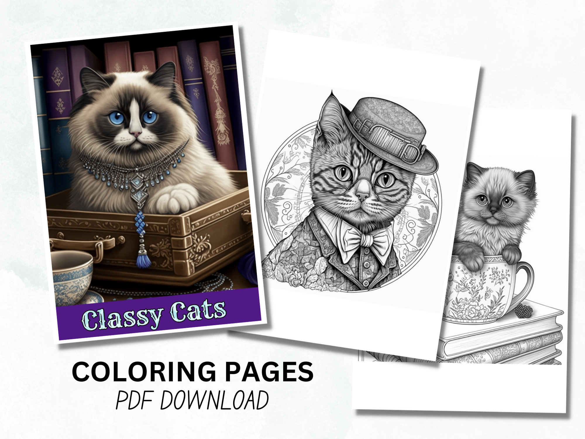 15 Pages, Classy Cats, Cat Coloring Pages, Adults + Kids- Instant ...