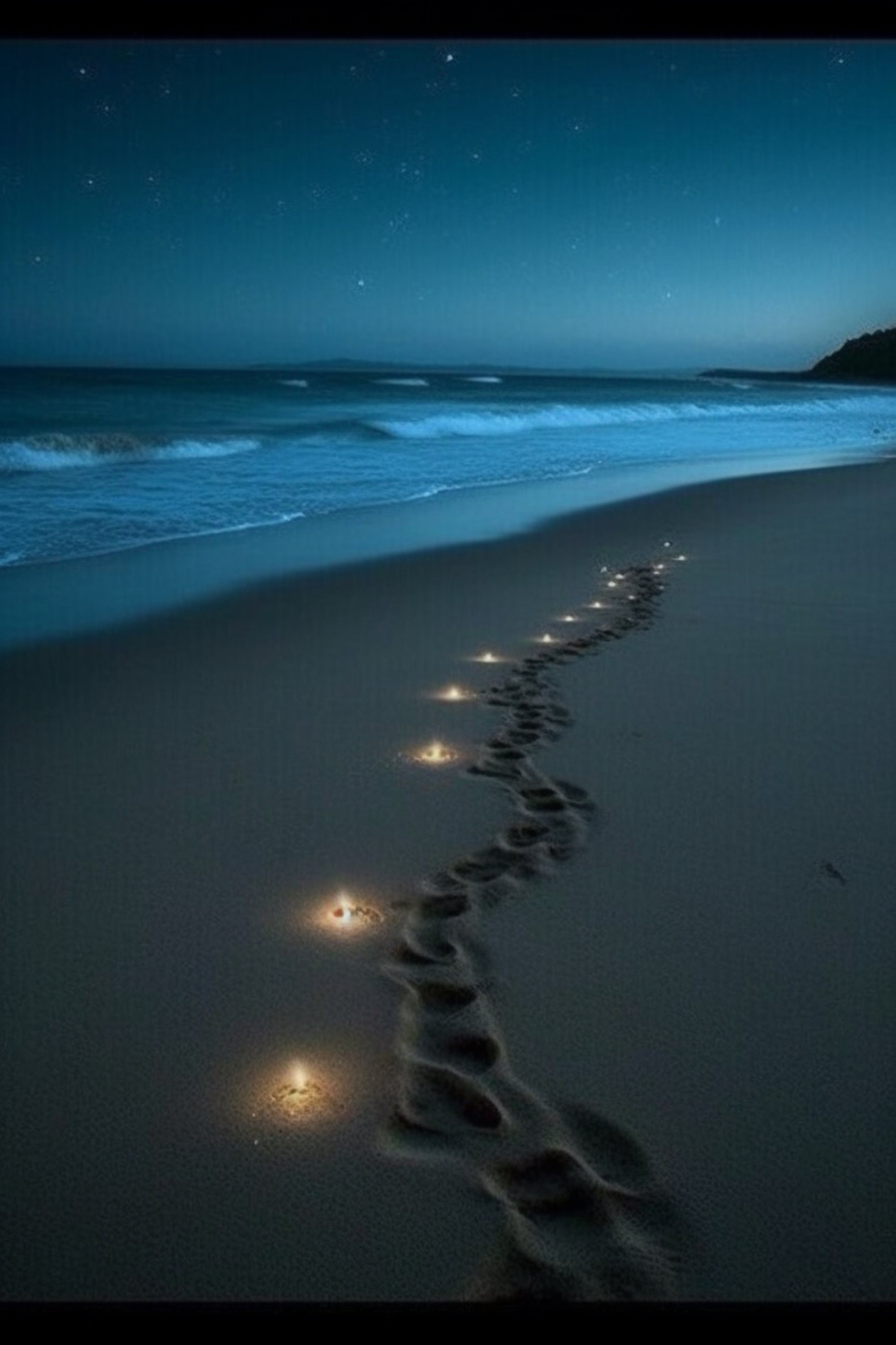 Footsteps on the Beach at Night Lit up With Lights- Digital Art - Etsy