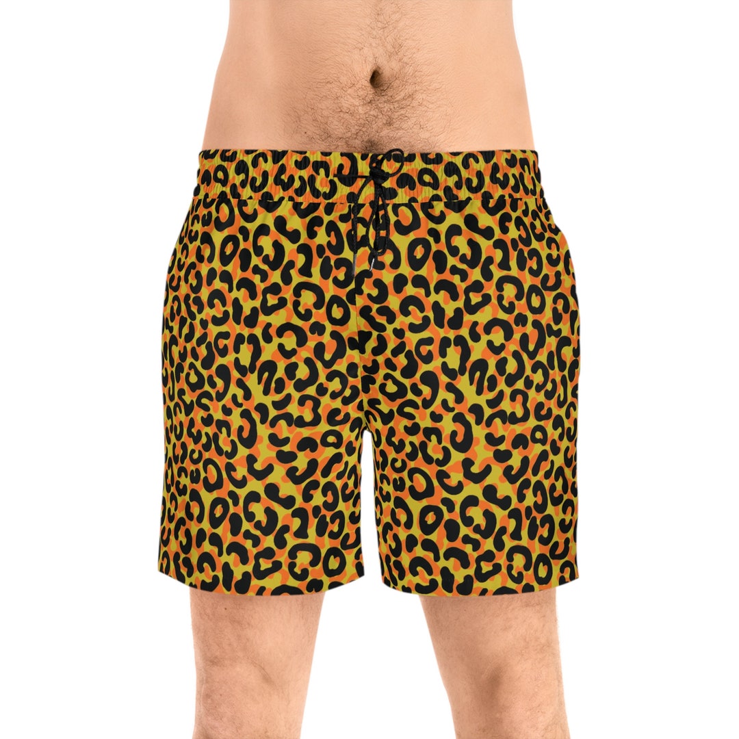 Men's Mid-length Yellow & Black Leopard Animal Print Board Shorts ...